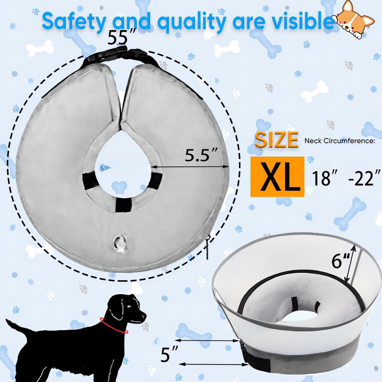 Inflatable Dog Cone Collar ,2-in-1 Inflatable Dog Cone with Detachable Anti-Licking Shield,Soft Cones for Dogs After Surgery,Soft Cone for Dogs Does Not Block Vision. (Grey, XL(Neck:18-22”))