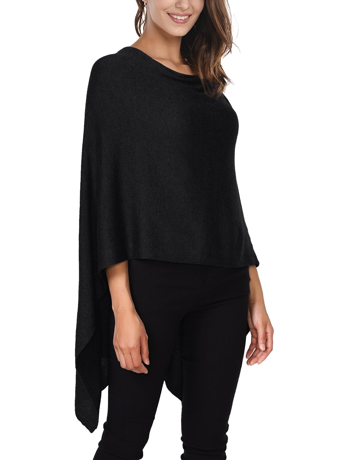 DJT Womens Solid Knit Short Asymmetric Wrap Poncho Topper Black