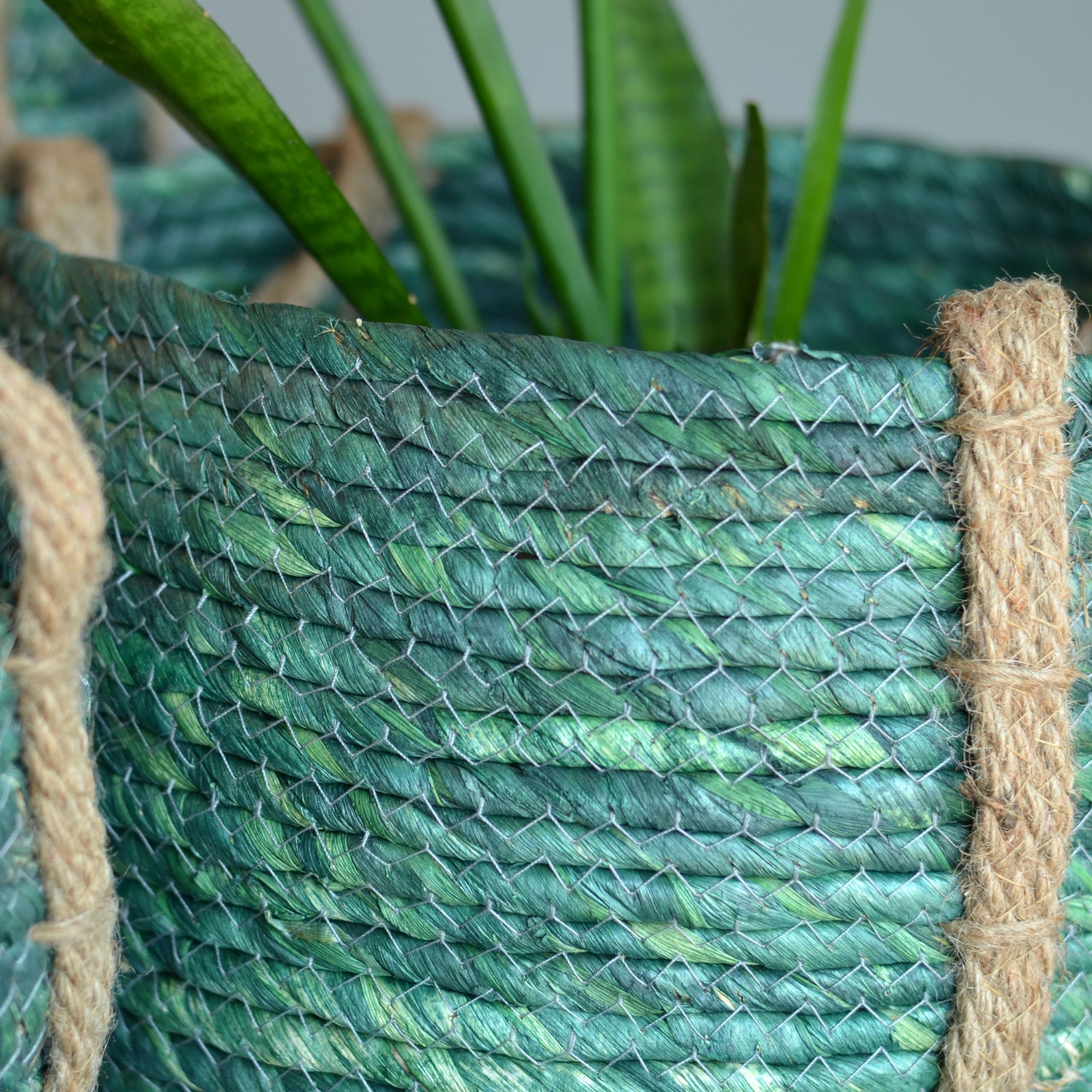 Farmers 3 Piece Basket Set, Green Dye Soaked Floor and Shelf Organizers, Corn Husk Wicker, Durable Chunky Rope Weave, Handles, Stitched, Reinforced, Rustic Home Decor, Round, 13, 11, 9 Inches
