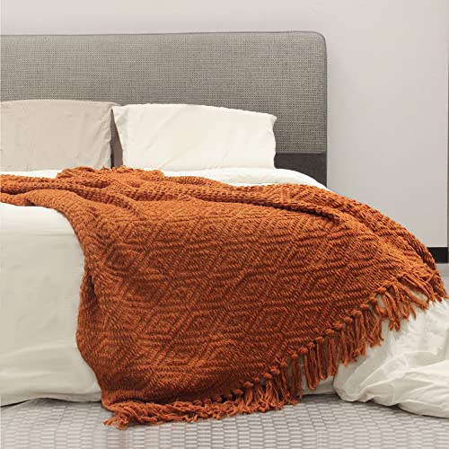 JOOJA Throw Blanket for Couch Knit Blanket Textured Chenille Blanket for Bed Super Soft Cozy Warm Blanket with Tassels for Chair Sofa Living Room, 60x80 Inches Burnt Orange