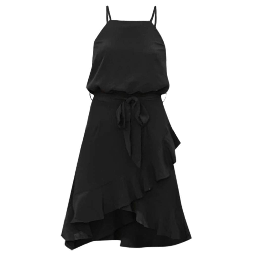 Shakumy Women Casual Sleeveless Halter Neck Boho Print Mini Dress Ruffle Irregular Hem Party Beach Tunic Short Dress