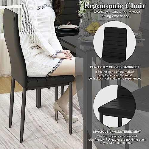 Recaceik Dining Table Set for 4, Kitchen Table and Chairs for 4, Glass Dining Room Table Set with 4 PU Leather Upholstered Chairs Modern Small Dinner Table Set Breakfast Table for Home, Black