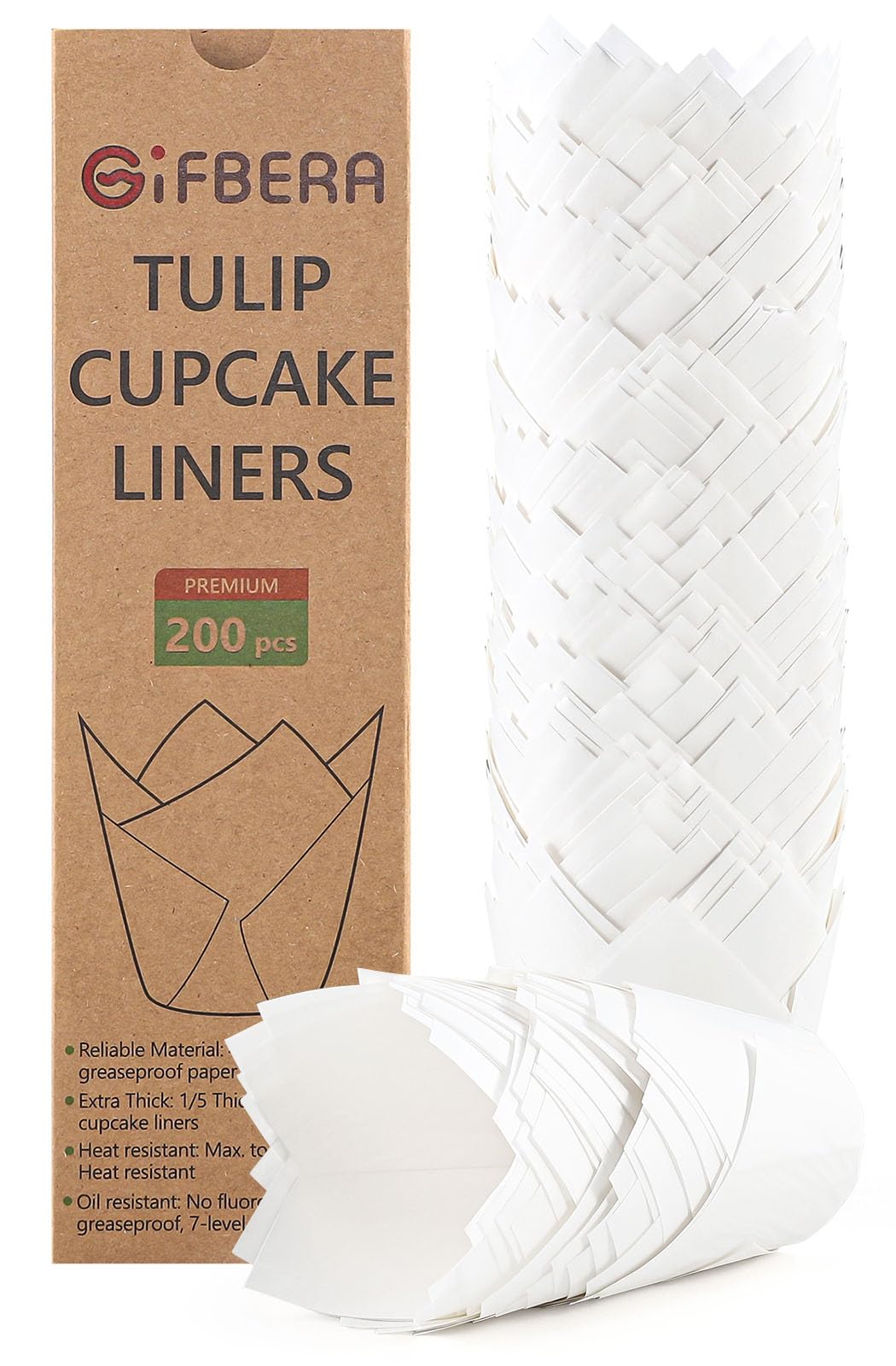 Gifbera 200pcs Natural Tulip Cupcake Liners Paper Baking Cups with Unbleached Parchment Paper, Medium Tulip Muffin Liners Cupcake Wrapper for Party, Wedding, Christmas, Birthday