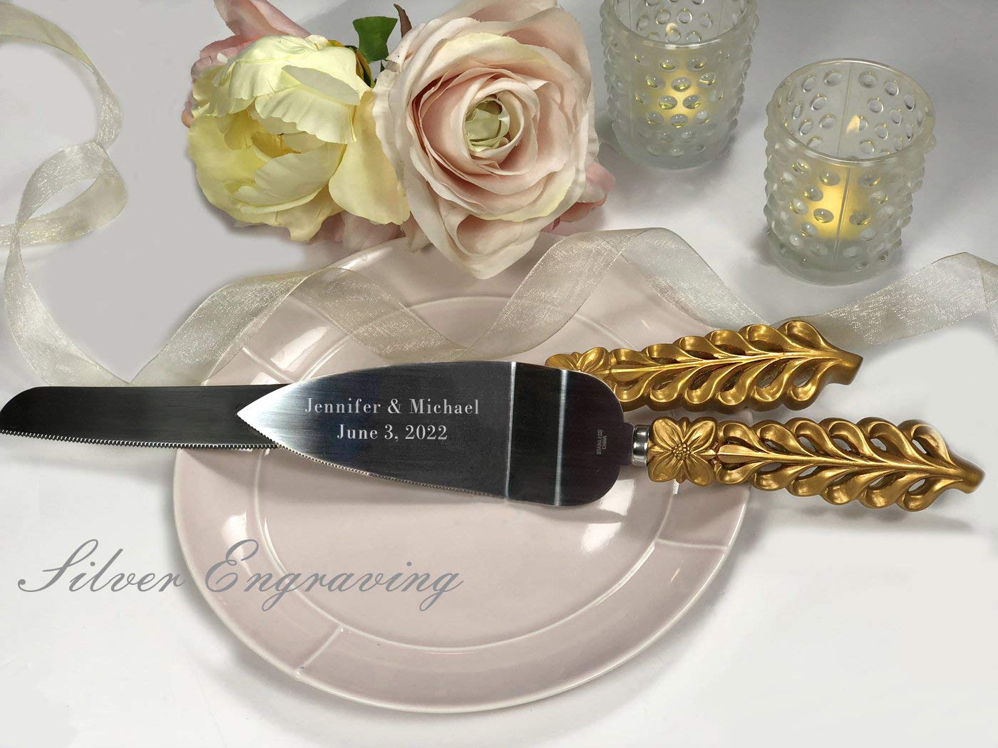 FASHIONCRAFT Personalized, ENGRAVED Gold Lattice Wedding Cake Serving Set - Knife & Server, Silver Engraving