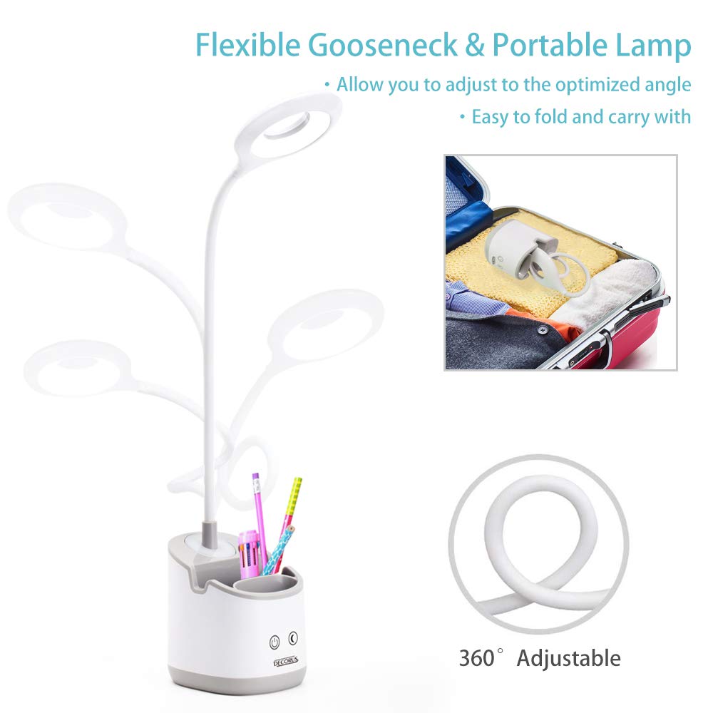 Desk Lamp Kids with Small Night Light LED USB Rechargeable Student Table Lamp Dimmable Eye-caring Cute Study Computer Lamp for Office Dorm, Touch control, Flexible Gooseneck, Phone & Pen Holder (Grey)