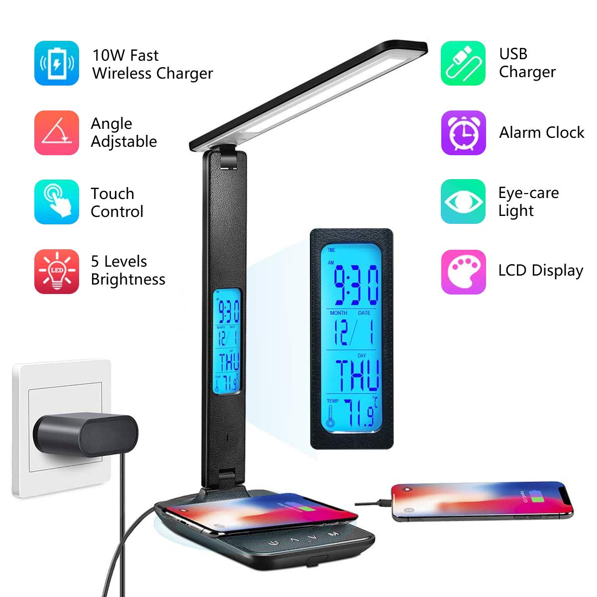 Desk Lamp LED Desk Lamp with Wireless Charger 10W Touch Control 3 Lighting Modes 5 Brightness Levels Adjustable Table Lamp Clock Alarm Date Temperature Function USB Charging Port with Adapter Black