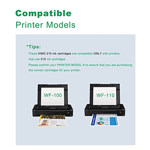 XIMO 215 t215 Ink Cartridges with Pigment Ink Remanufactured for WF-110 WF-100 WF100 Printer 5Pack(3 Black, 2 Tri-Color)