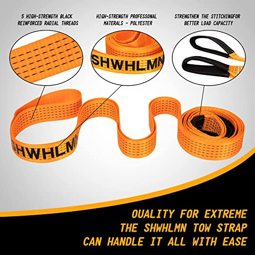 Recovery Tow Strap 2" X 20' LB Tested 20,024lb (10 US Tons ) Break Strength, Use for Emergency 4x4 Towing Rope Heavy Duty, Tree Saver, Winch Extension, Triple Reinforced Loops, Ensure Safety - SHWHLMN
