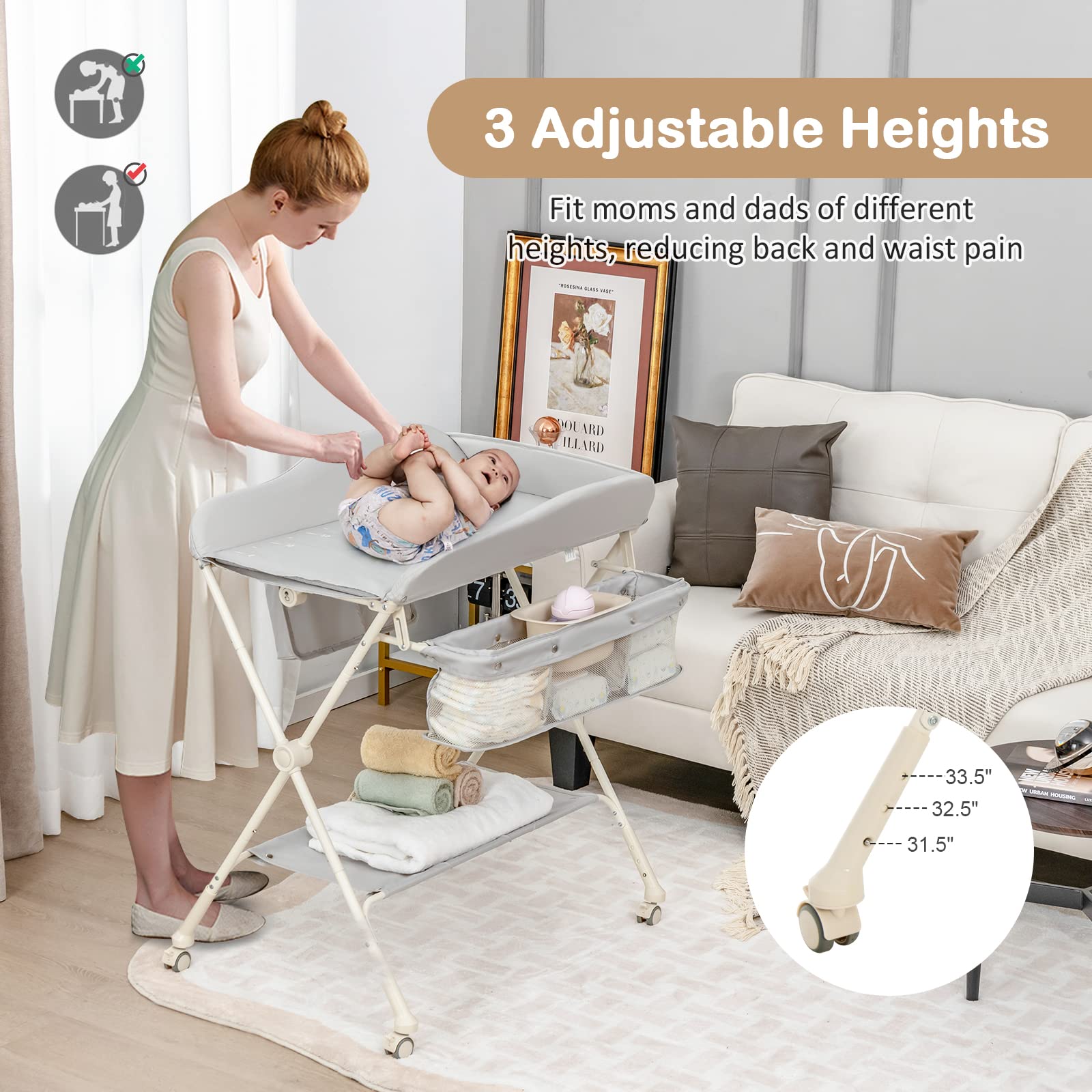 GLACER Foldable Diaper Changing Station, Height Adjustable Changing Table with Storage, Removable & Lockable Wheels, Safety Belt, Water Basin, Mobile Nursery Organizer for Baby Infant Newborn (Gray)