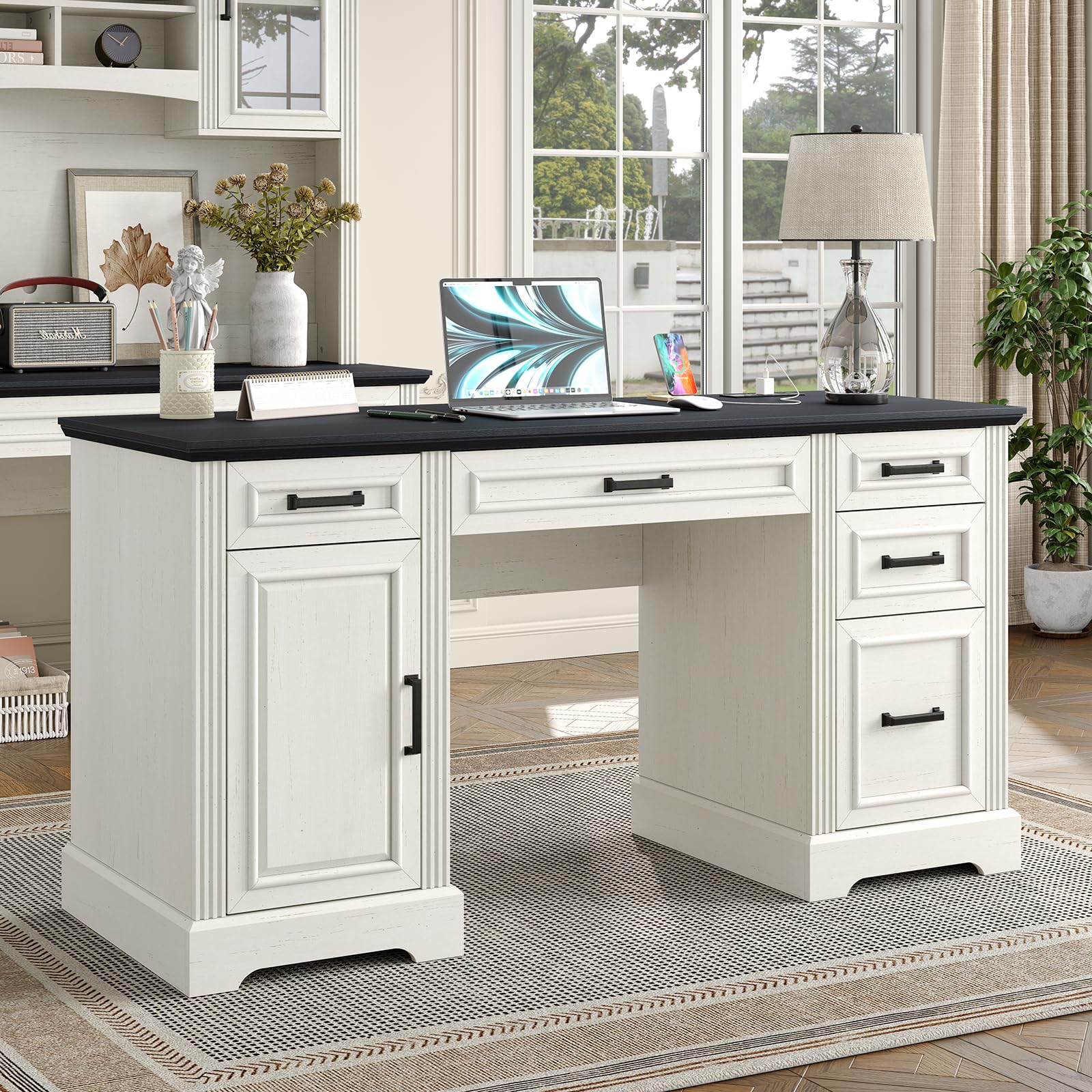Furnihold 58" Executive Desk, Farmhouse Computer Desk with Drawers and Cabinet with Charging Station, Wooden Home Office Desk, Workspace for Work Study Writing, Black Tabletop, Off White