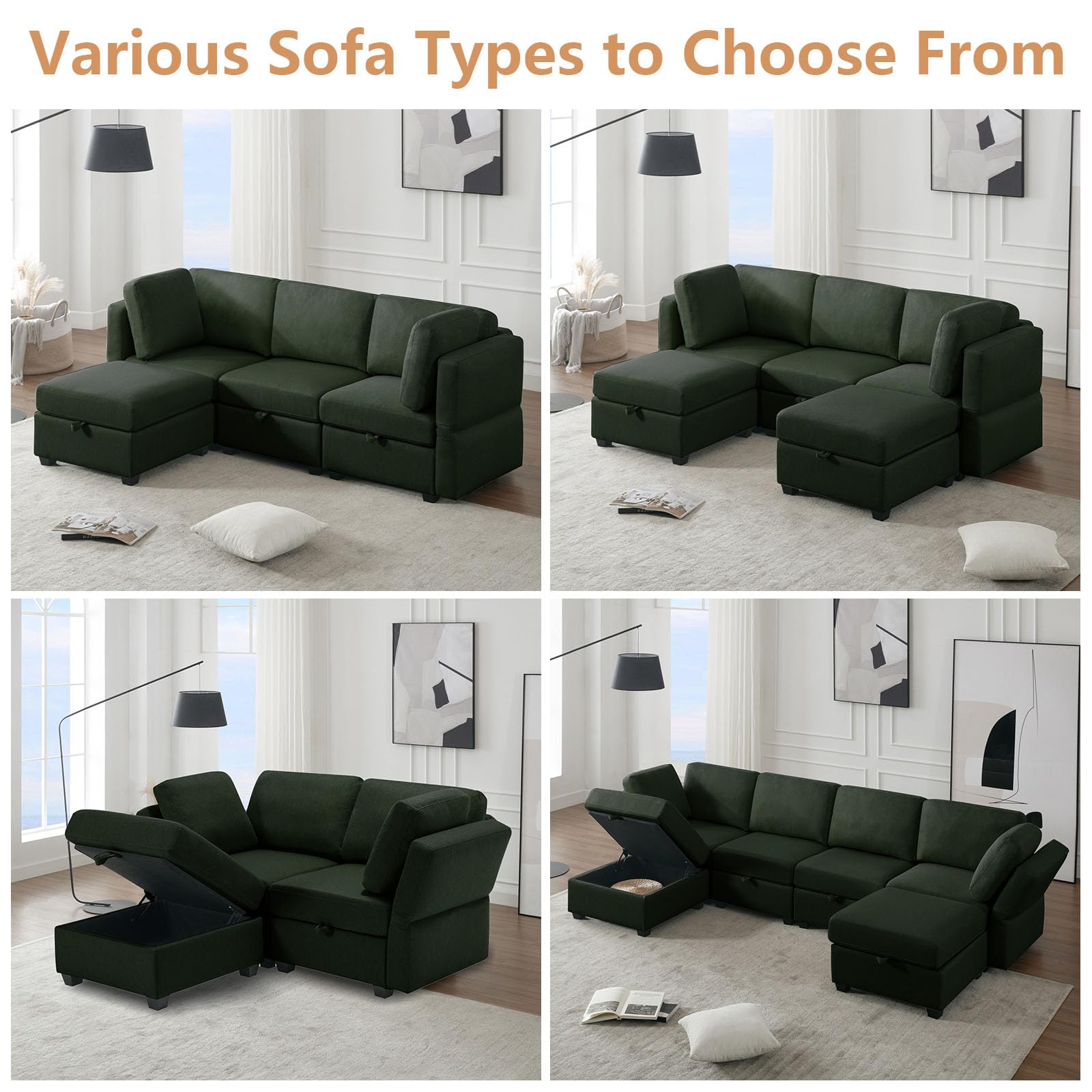 HZANHY Modular Sectional Sofa Couch with Storage Seat,Modern Linen Couch with Adjustable Arms and Backs Large Convertible Sofa with Ottoman for Living Room Apartment Office(Green 2seats+1Ottoman