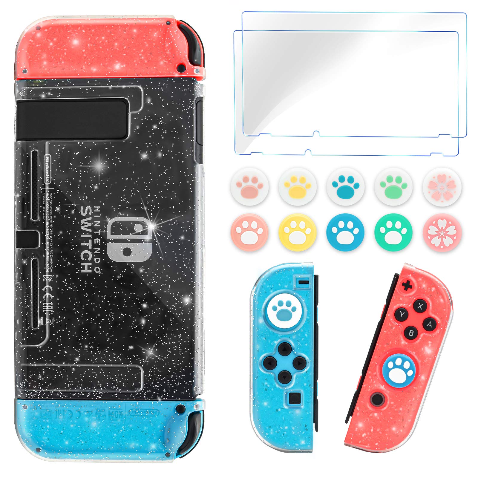 DLseego Crystal Glitter Case Set Design for Switch, Soft TPU Anti-Scratch Clear Protective Cover Shell with 2 Pack Tempered Glass Screen Protectors and 10pcs Colourful Cute Thumb Grip Caps