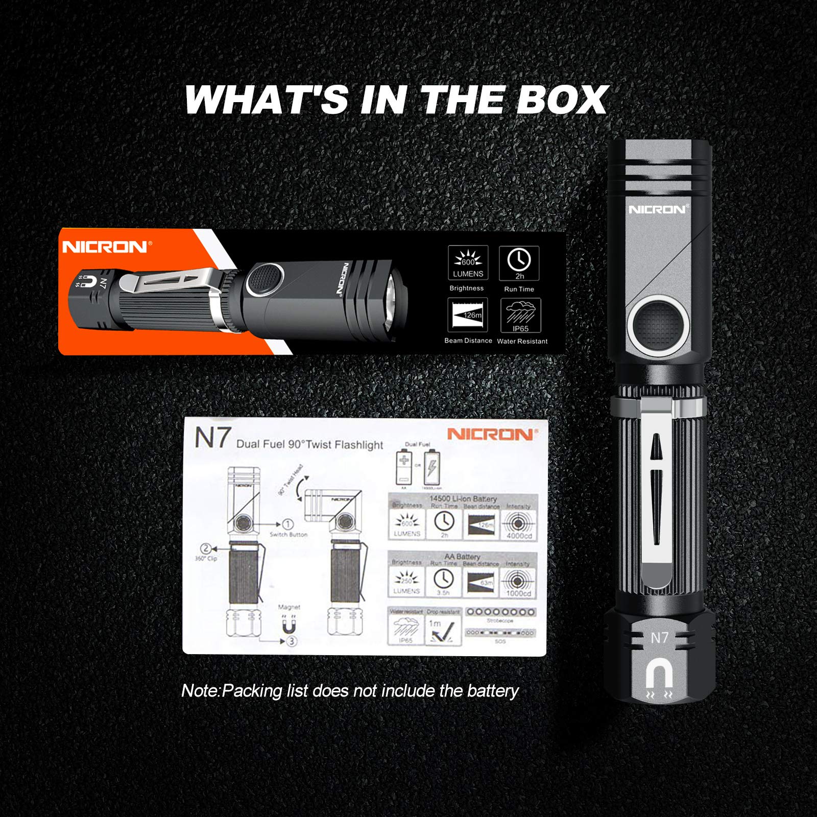 Flashlight, NICRON N7 600 Lumens Tactical Flashlight, 90 Degree Ip65 Waterproof Led Mini Flashlight 4 Modes- Best High Lumens Are For Camping, Outdoor, Hiking (Not including Batteries)Gift