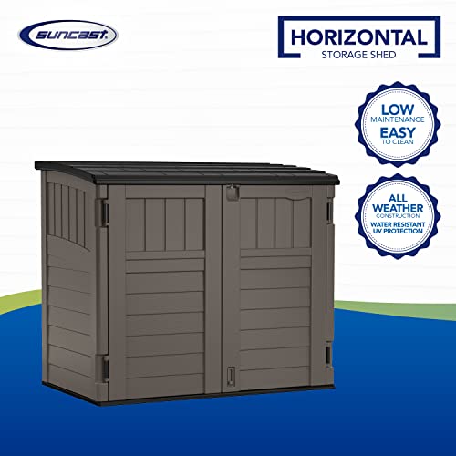 Suncast 4' x 2' Horizontal Storage Shed - Natural Wood-Like Outdoor Storage - Stoney & 33 Gallon Hideaway Can Resin Outdoor Trash with Lid Use in Backyard, Deck, or Patio, 33-Gallon, Brown