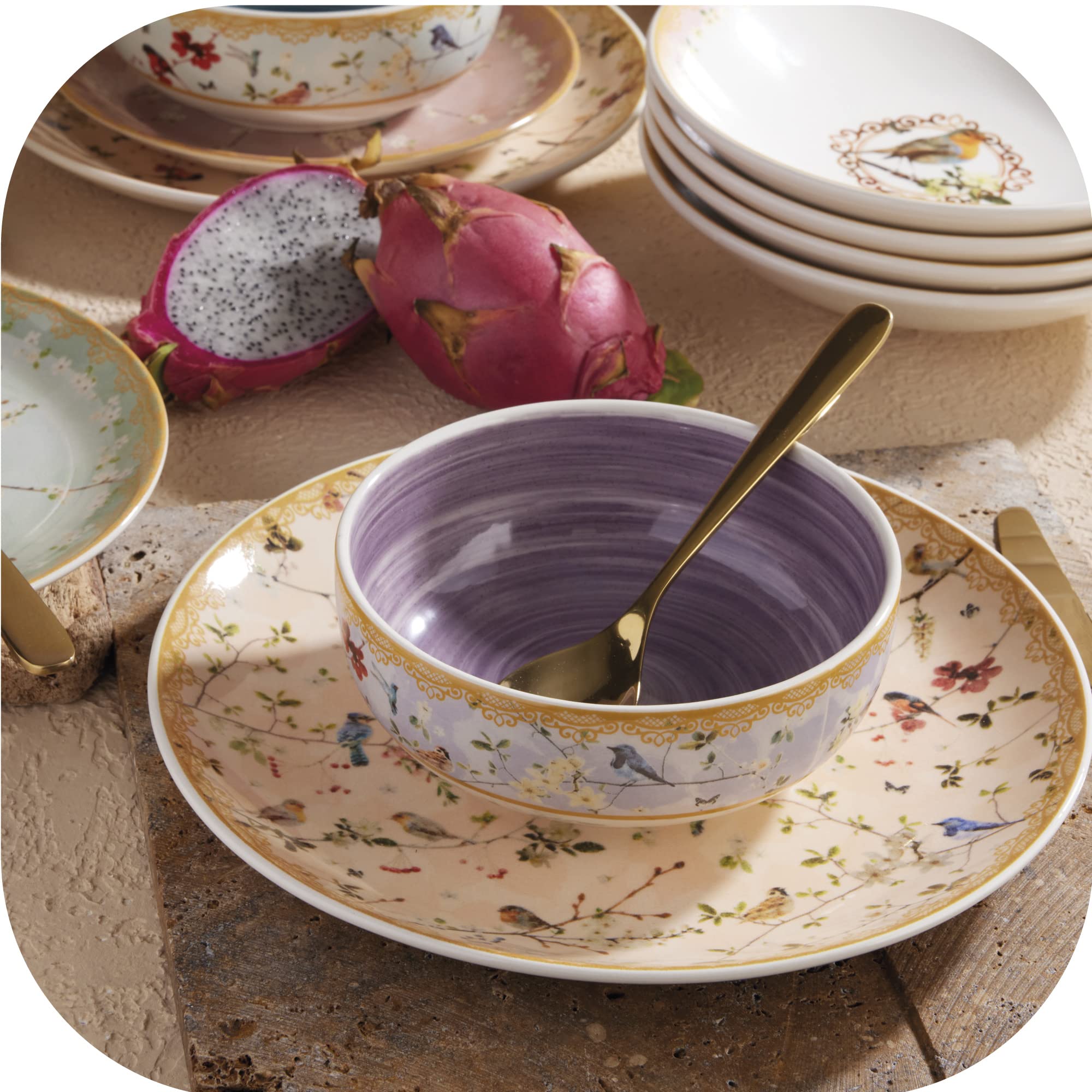 Corona Dinnerware Set 12– piece, Plates and Bowls Set, Ceramic Sets for 4, Microwave and Dishwasher Safe, Susurro Floral and Nature Design
