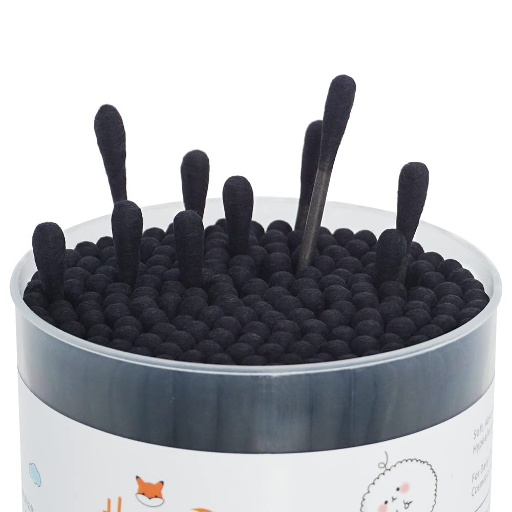HOMEFOX Black Cotton Swabs Precision Pointed - 200 Count Organic Pointy Pointed Cotton Buds Double Side Tightly Wrapped Charcoal Cotton Tip Paper Stick Soft Gentle Cruelty-Free, Pointy & Round (Black)