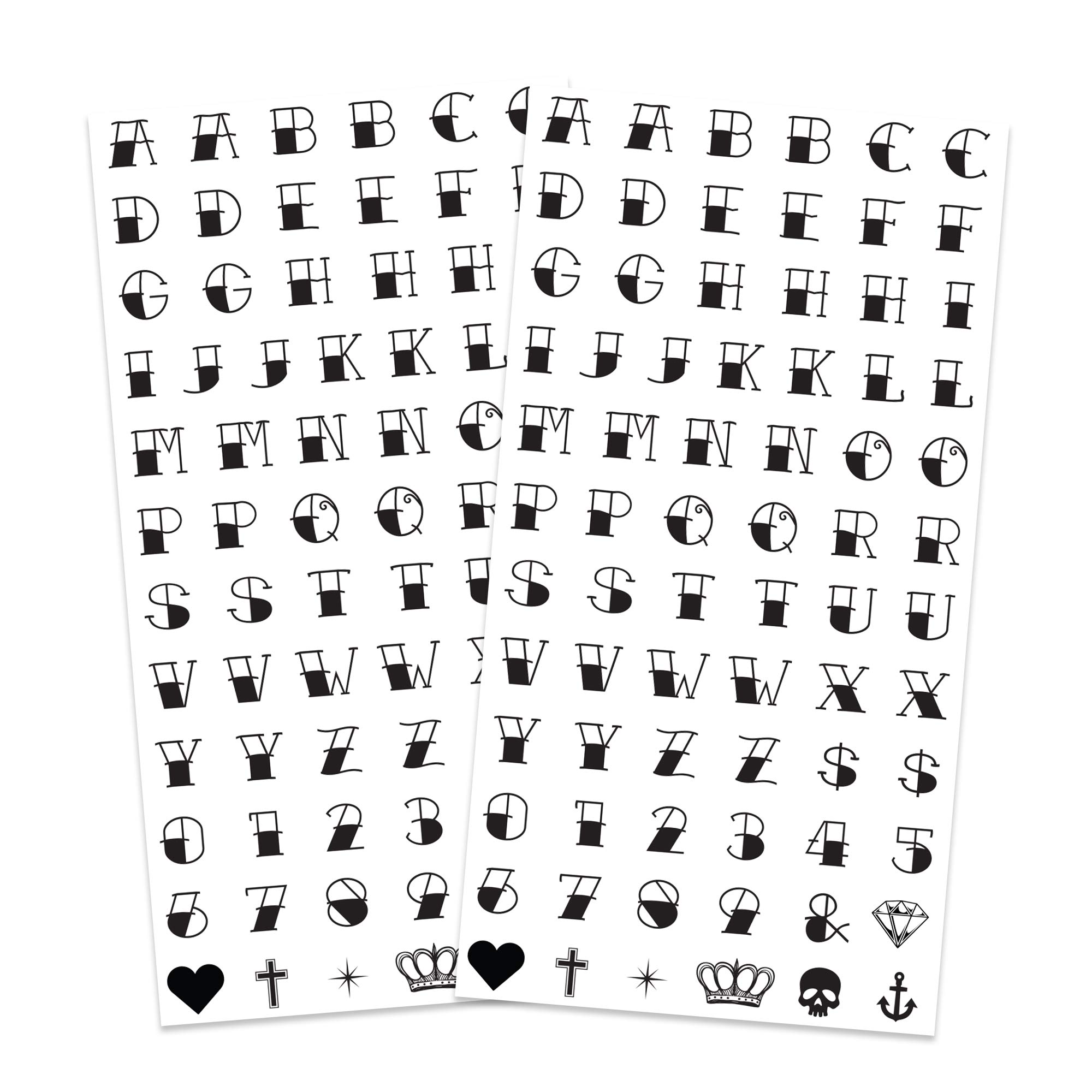 Fashiontats Traditional Knuckle Letters Temporary Tattoos (2-Pack)| Sailor Jerry Alphabet Numbers & Symbols | Skin Safe | MADE IN THE USA | Removable