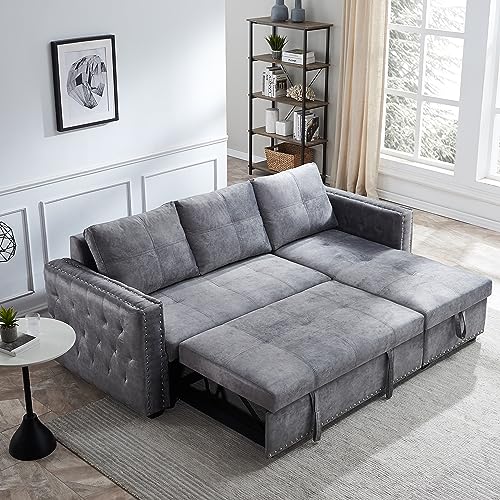 Morden Fort Sleeper Sectional Sofa [Large Size] Reversible Storage L-Shape Chaise 3 Seat Sectional Couch with Put Out Bed Velvet Gray