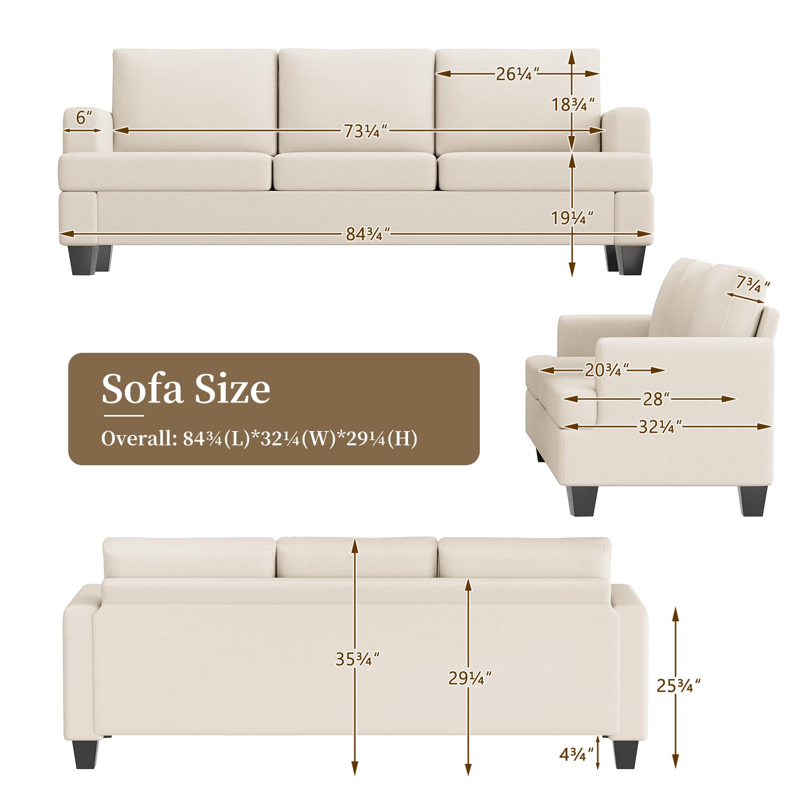 Furnimart 85 inch Deep Seat Sofa, Comfy Cloud Couch for Living Room, Beige Linen Sofa, Modern 3 Seater Couch, Cozy Fluffy Couch with Removable Sofa Cover, Small Couches for Small Spaces