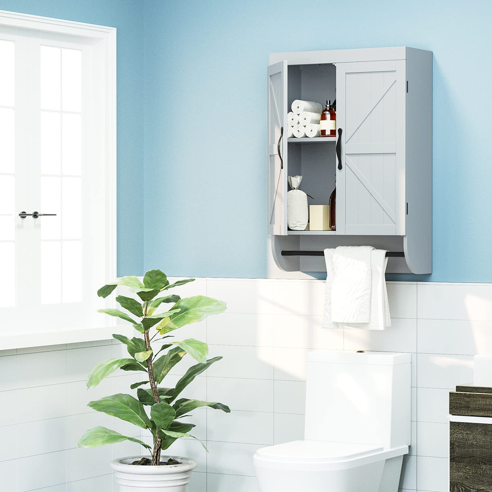 SRIWATANA Bathroom Storage Wall Cabinet Over The Toilet with Adjustable Shelf, Space Saver 2-Door Medicine Cabinet with Metal Bar, Gray