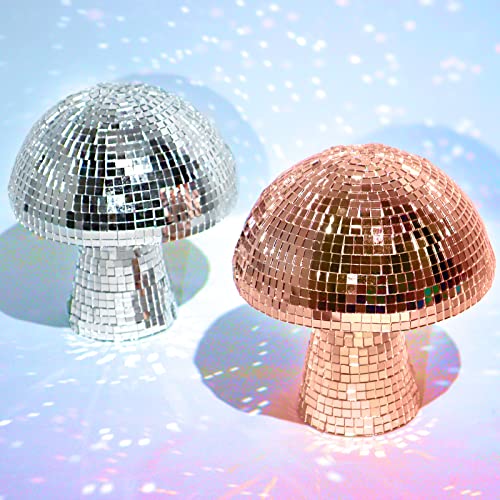 Mushroom Disco Ball, Silver & Rose Gold Mirror Glitte, Reflective Lights for Party, Room, Table Decor, Art Decorations, 2 Pack (6 X 6.3 in)