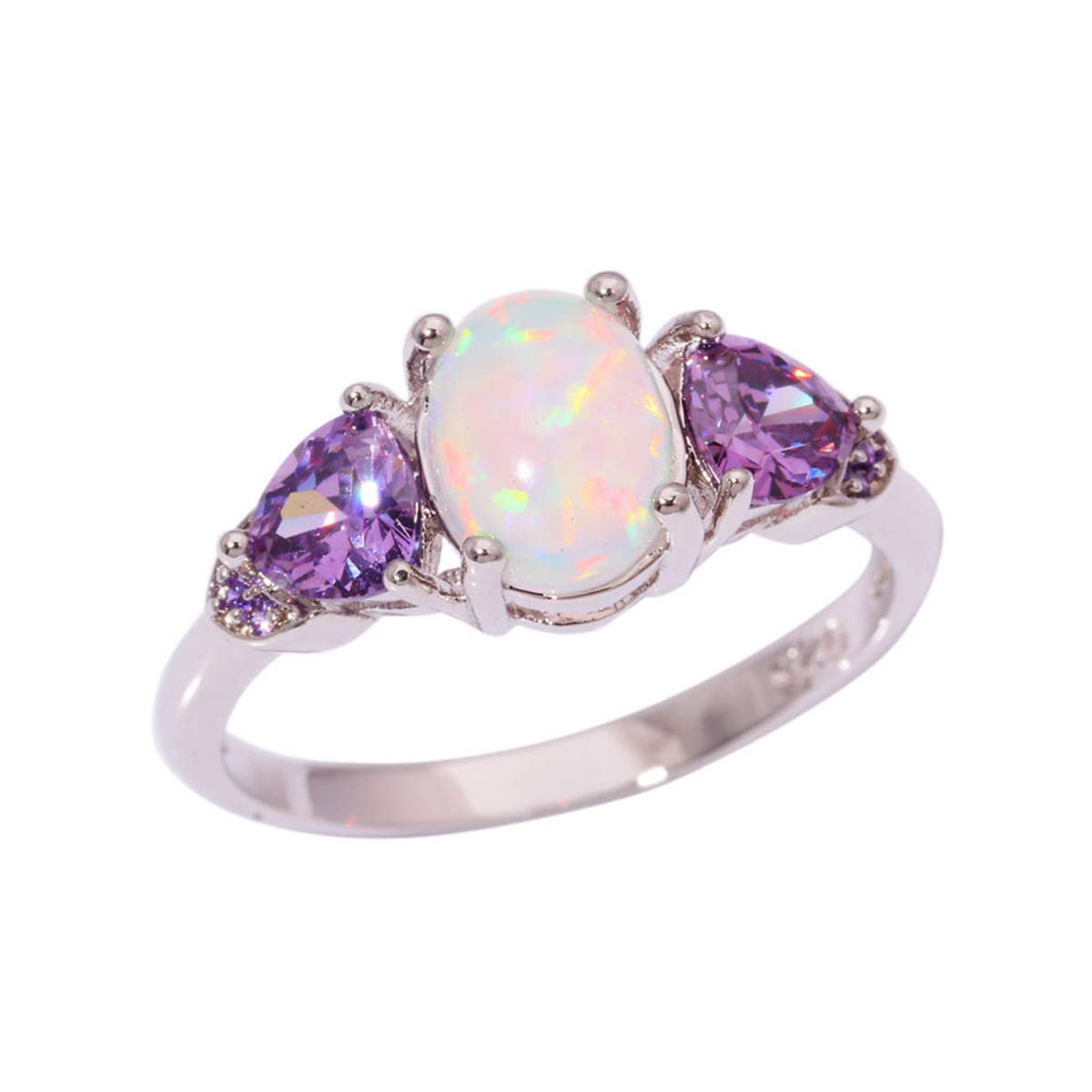 ERLOSYA Women's 925 Sterling Silver White Fire Opal Ring Oval Cut Purple Amethyst Cubic Zirconia Ring Jewelry Birthday Gift Gemstone Anniversary Size 6-9 (#7)