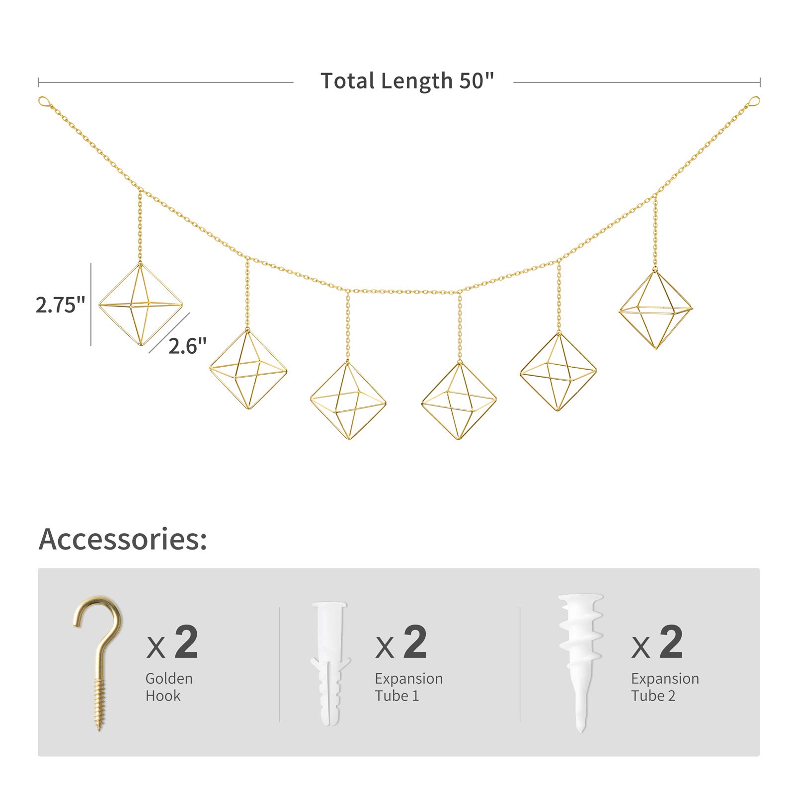 Dahey Gold Geometric Hanging Air Plant Holders - Set of 6 Square Metal Planters with Chains for Indoor Wall Decor