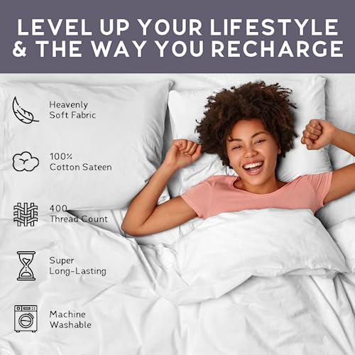 Lincove 100% Cotton Sateen 4 Piece Bed Sheet Set – 400 Thread Count, Ultra Soft Luxury Sheets with 15” Deep Pockets - Includes 1 Fitted Sheet, 1 Flat Sheet, 2 Pillowcases (King, White)