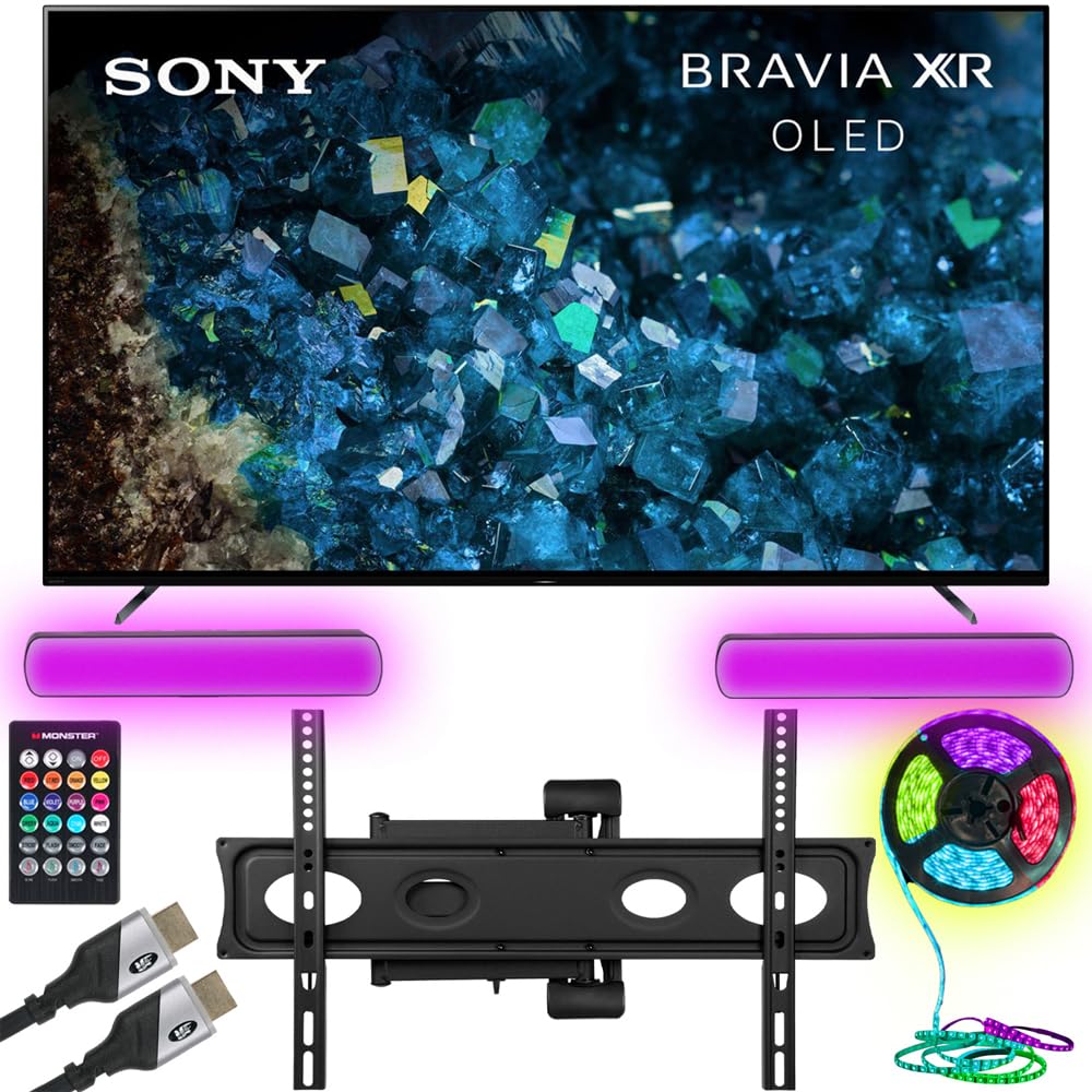 Sony XR65A80L BRAVIA XR 65 Inch A80L OLED 4K HDR Smart TV with Google TV 2023 Bundle with Monster TV Full Motion Wall Mount for 32-70 inch with 6 Piece Sound Reactive Lighting Kit