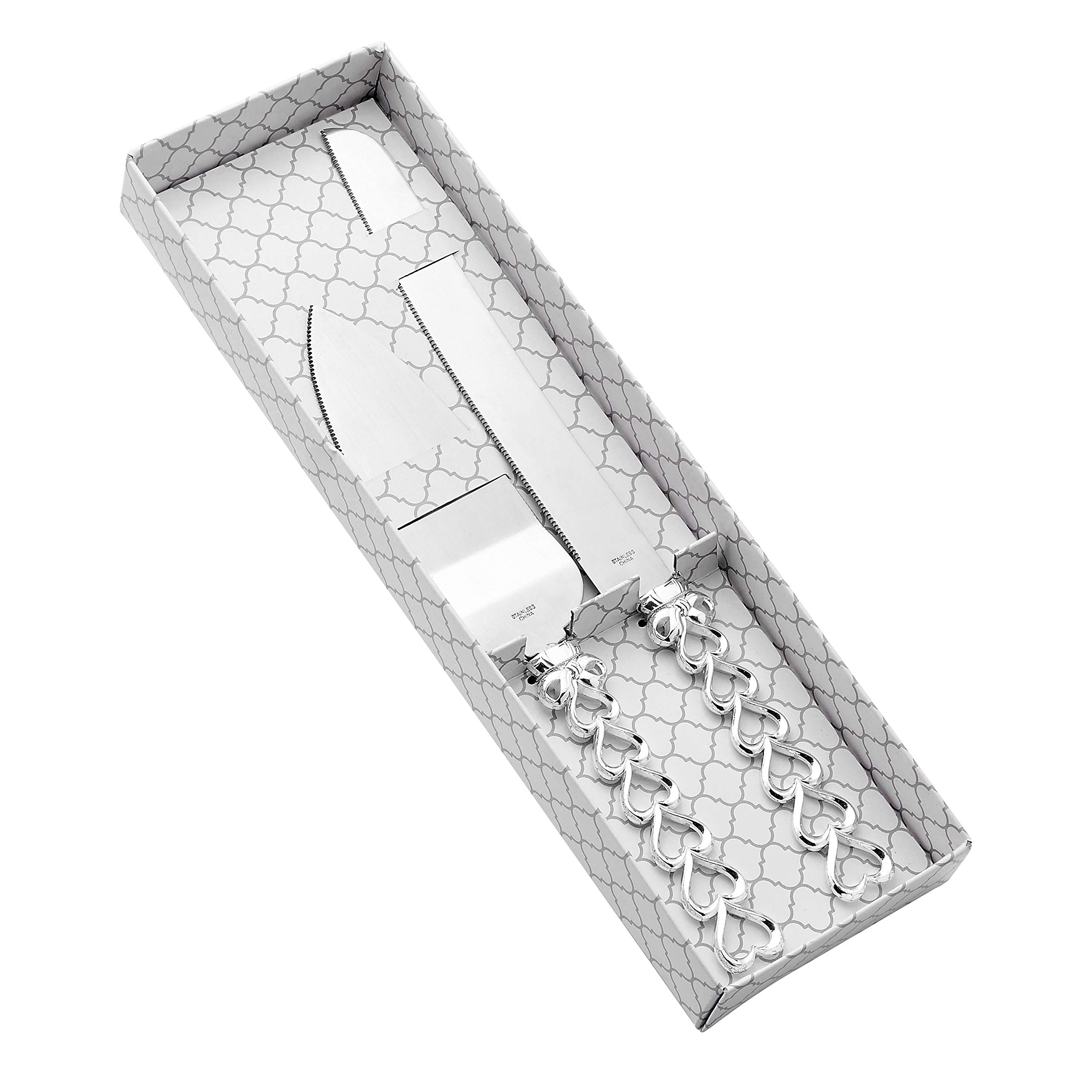 FASHONCRAFT 2559 Heart to Heart Collection Silver Metal Cake Server and Knife Set – Party Favor