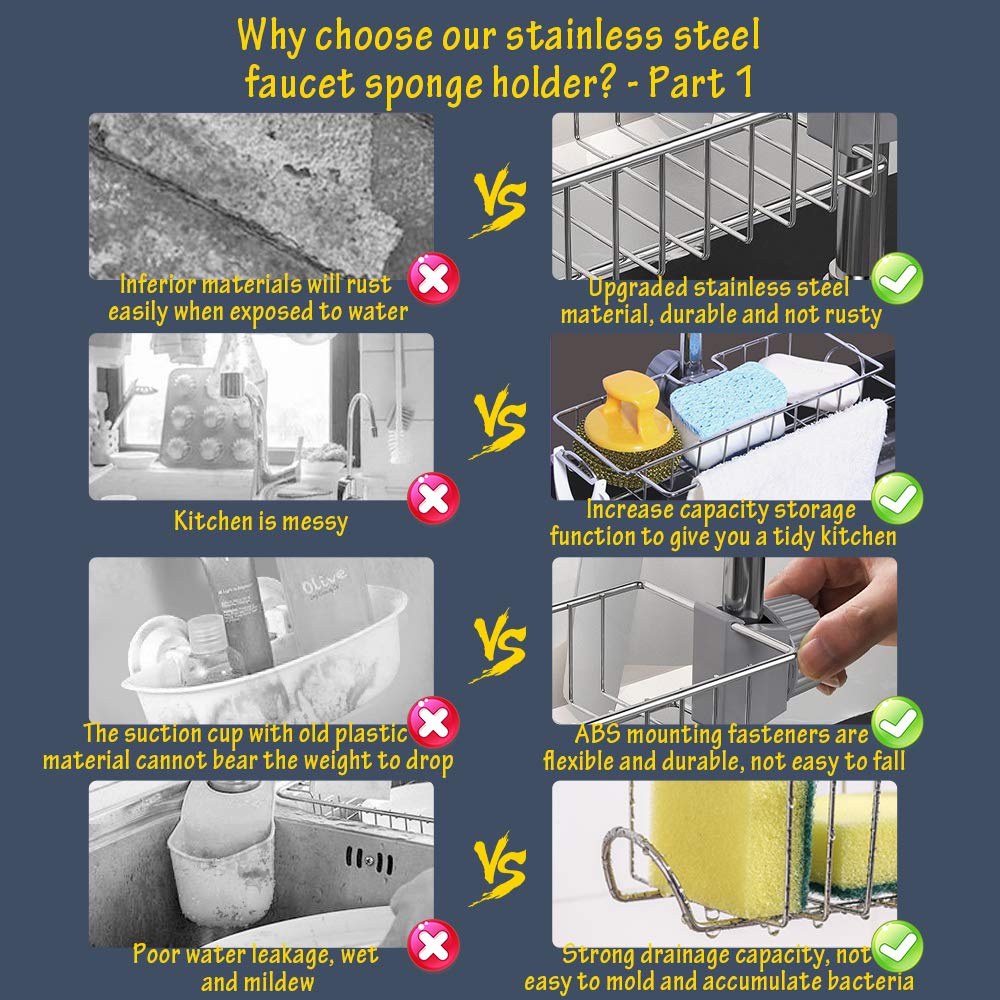 Faucet Rack Over Faucet Sponge Holder Faucet Caddy Faucet Sponge Holder Stainless Steel Sponge Holder for Soap, Scrubber, Towel etc