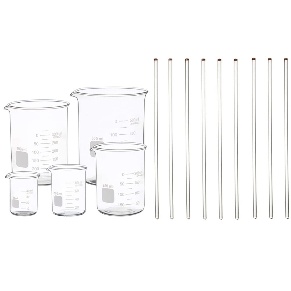 Glass Measuring Low Form Beaker Set and 9pcs Glass Stir Sticks Glass Stirring Rod