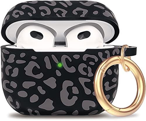 Leopard Silicone Airpods 3 Case 2021 (Not Fit Pro), Gawnock Soft Case Cover Flexible for Airpods 3rd Generation Floral Print Cover for Women Girls with Keychain (Grey Leopard)