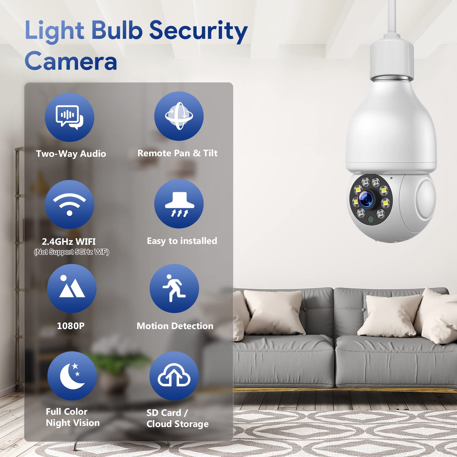 HELMOP 2.4GHz Light Bulb Security Camera Wireless Outdoor/Indoor, 1080P HD Cameras for Home Security with Motion Detection,Two-Way Audio, Night Vision (2PCS)