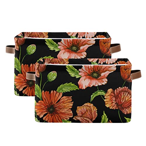 Red Poppy Square Storage Basket Flowers Black Storage Bins Canvas Toys Box Closet Shelf Decorative Organizer Bag with Handles for Bedroom Home Office, 1 Pc