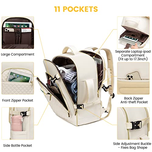 LOVEVOOK Carry on Backpack,40L Women Travel Backpack Airline Approved,Waterproof Large TSA 17inch Laptop Backpack Daypack with Anti-theft Pocket for Business Trip College Weekender,Beige