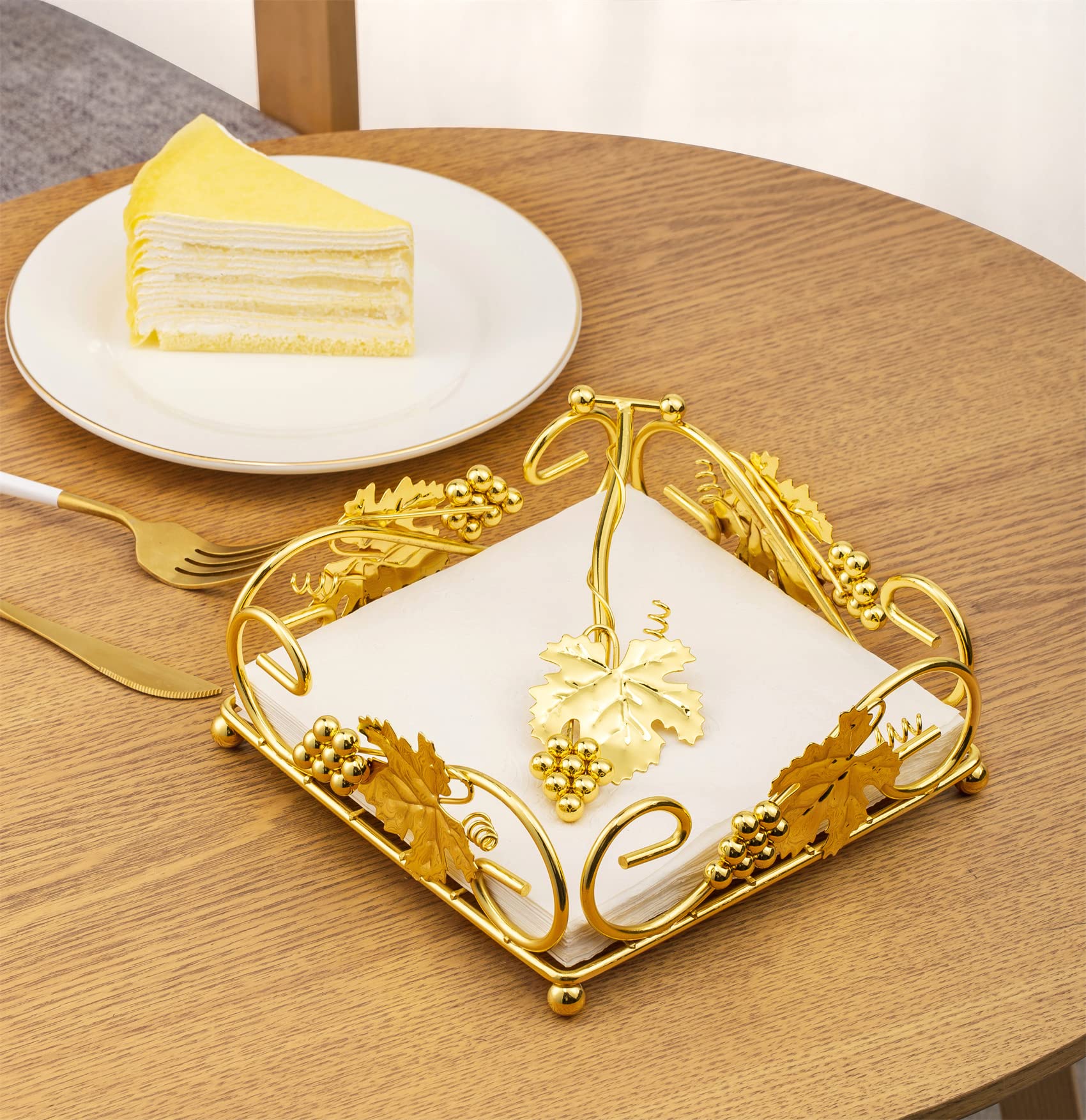 Flat Napkin Holder for Table Gold With Weight Arm for Kitchen Courtertops Dinning Table Grape Leaf Modern Tissue Dispenser Stainless Steel Gilding (7" L X 7" W X 2.5" H)