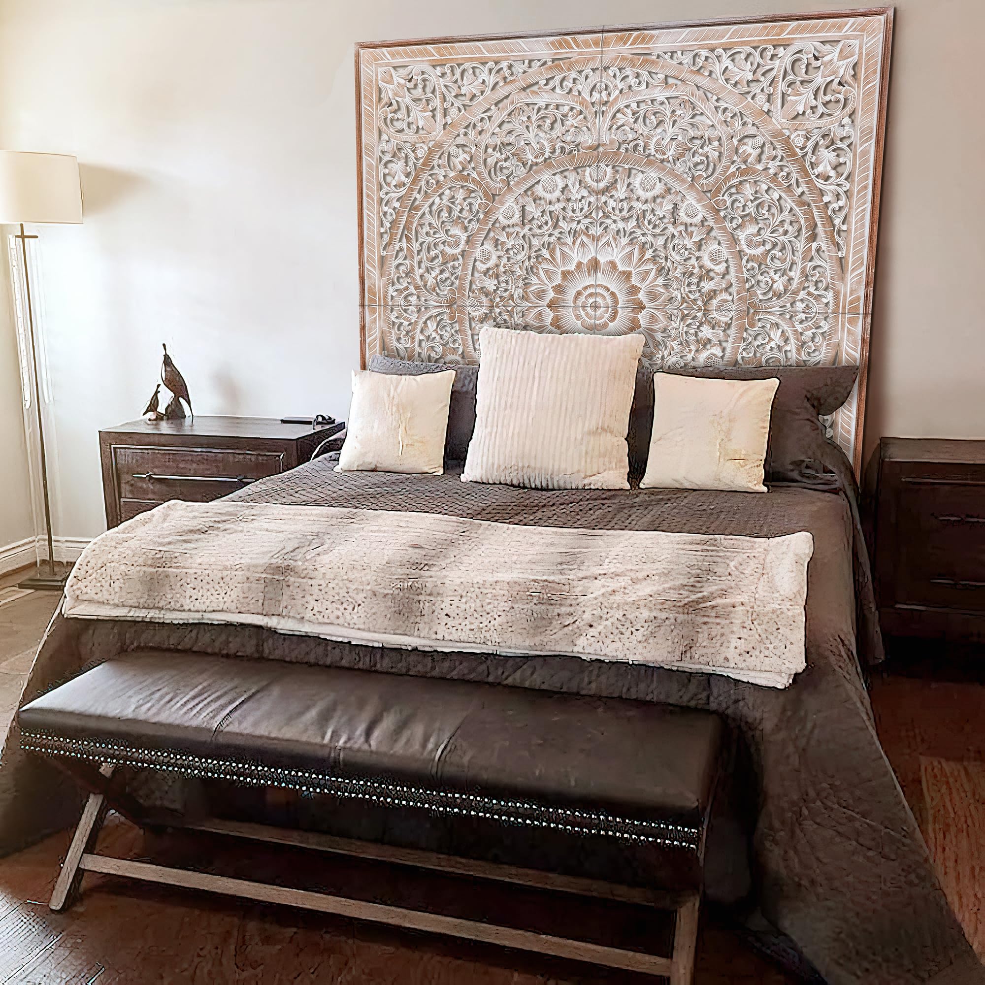 King Wood Headboard Rustic | Carved Full Headboard Only | Wooden Headboard Full Size Bed | Wall Mount Headboard King | Full Bed Headboard Panels (Manusa Antic, Cal King)
