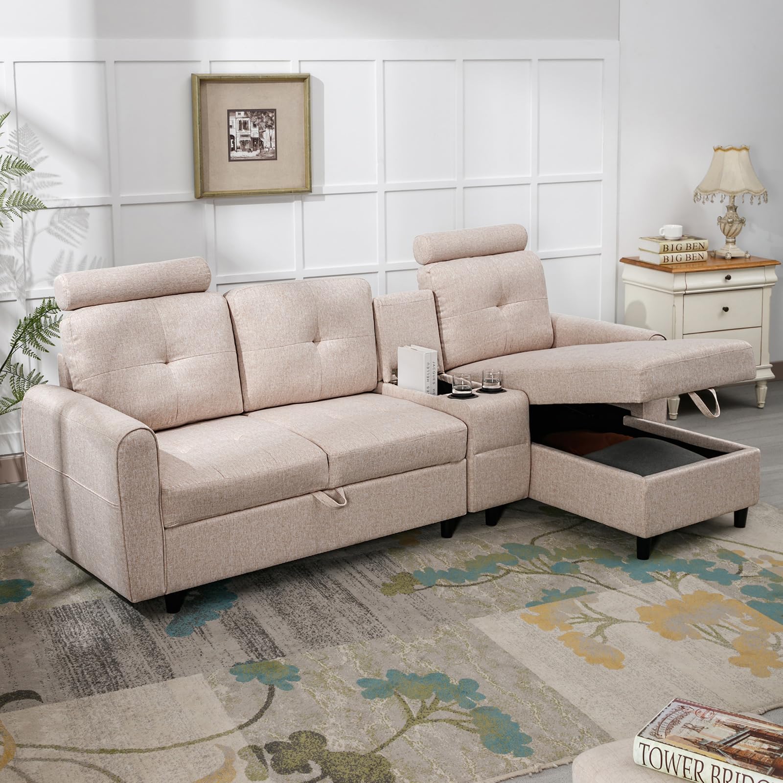 MUZZ 89" Sectional Sofa with Storage Chaise with Cup Holders, Modular L Shaped Sectional Sofa with Neck Pillows, Convertible Sectional Couch for Living Room/Apartment,Light Grey