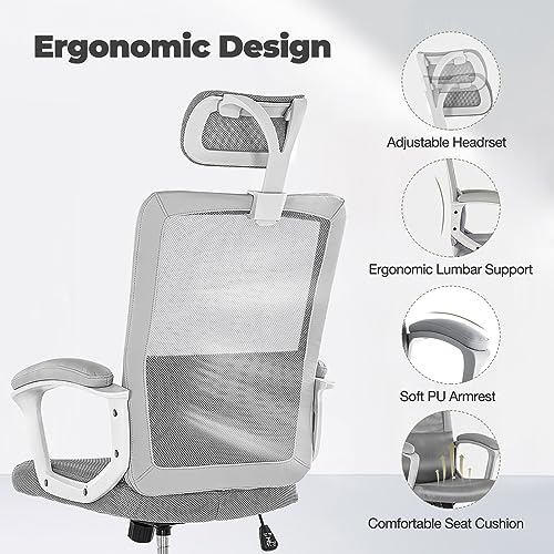 JHK Ergonomic Home Mesh Swivel Rolling Office Desk Computer Chair with Adjustable Headrest, Soft PU Armrest, Lumbar Support and Rocking Function, 18.11" D x 19.49" W x 43.5" H, Grey