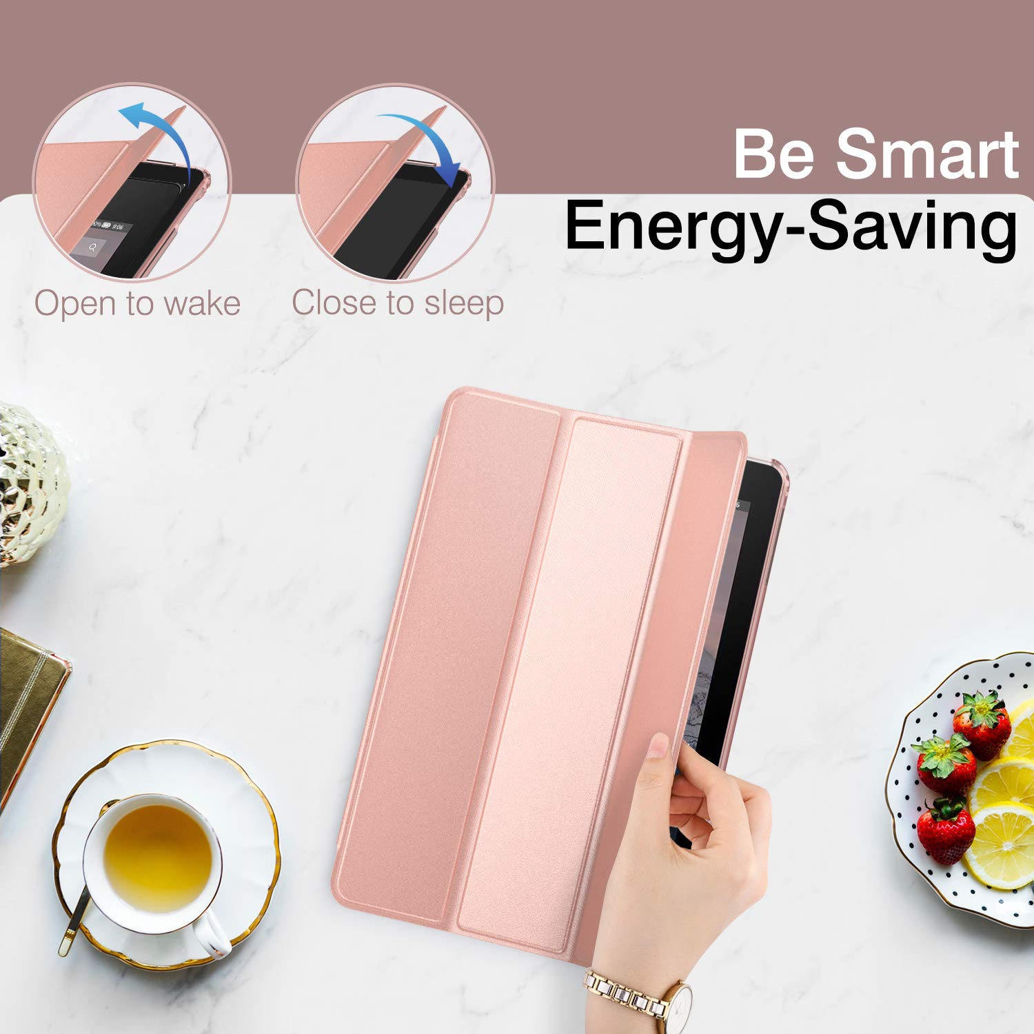 Dadanism All-New Amazon Kindle Fire 7 Tablet Case (9th Generation, 2019 Release), [Flexible TPU Translucent Back Shell] Ultra Slim Lightweight Trifold Stand Cover with Auto Sleep/Wake - Rose Gold