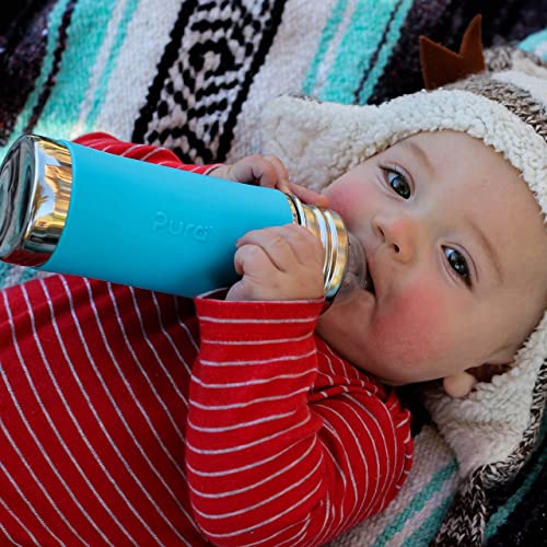 Pura Kiki 11oz/325ml Stainless Steel Infant Bottle w/Sleeve, Medium-Flow Nipple, for Babies 3 Months & Up - Aqua