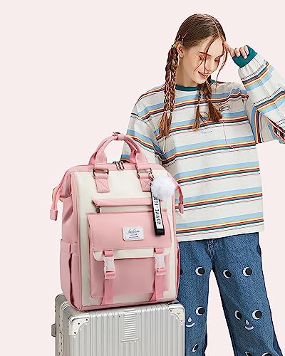 LOVEVOOK Laptop Backpack for Women,15.6 Inch College Backpack,Light Weight Travel Backpack Waterproof Casual Daypack Computer Backpack fits Travel Work Casual(15.6 inch,Pink&Beige)
