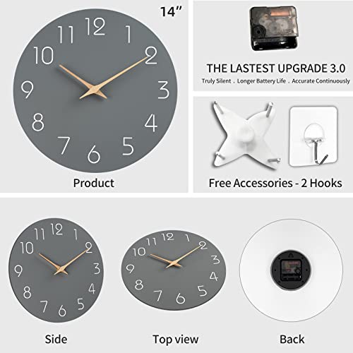 Mosewa Wall Clock 14 Inch Wall Clocks Battery Operated Silent Non-Ticking, Simple Modern Wood Clock Decorative for Bedroom, Living Room, Kitchen, Home Office (Gray)