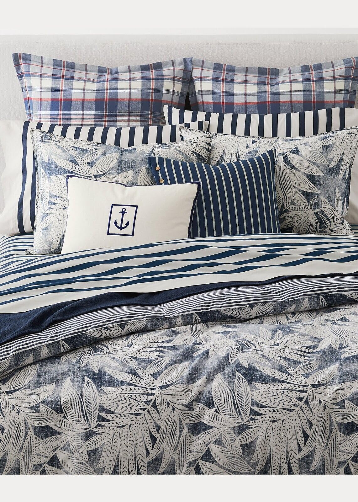 Lauren Ralph Lauren Evan Blue Palm Floral Stripe 3 Pc King Duvet Cover Set (King (U.S. Standard))