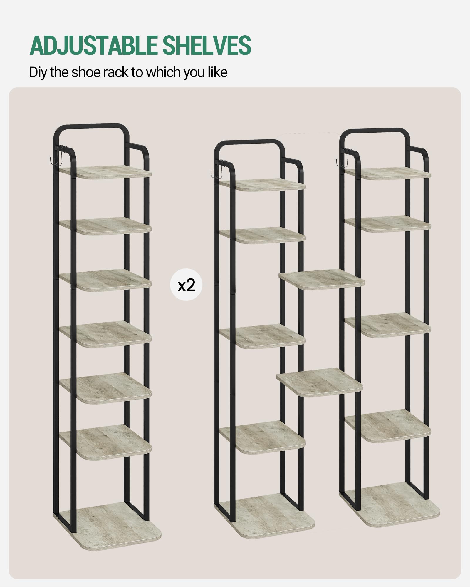 Hzuaneri Vertical Shoe Rack, Shoe Shelves, Wood Shoe Organizer for Closet, Entryway, Shoe Tower for Small Spaces, Free Standing, Adjustable, with 2 Hooks, 7 Tier Greige SR20205B