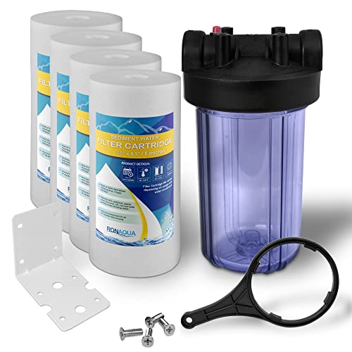 High Capacity 10 x 4.5-Inches Transparent Whole House Water Filter Purifier System with Presser Relief Button, 1â Inlet/Outlet Brass Port & Yearly Supply (4) Polypropylene Sediment Cartridges 5 Micron