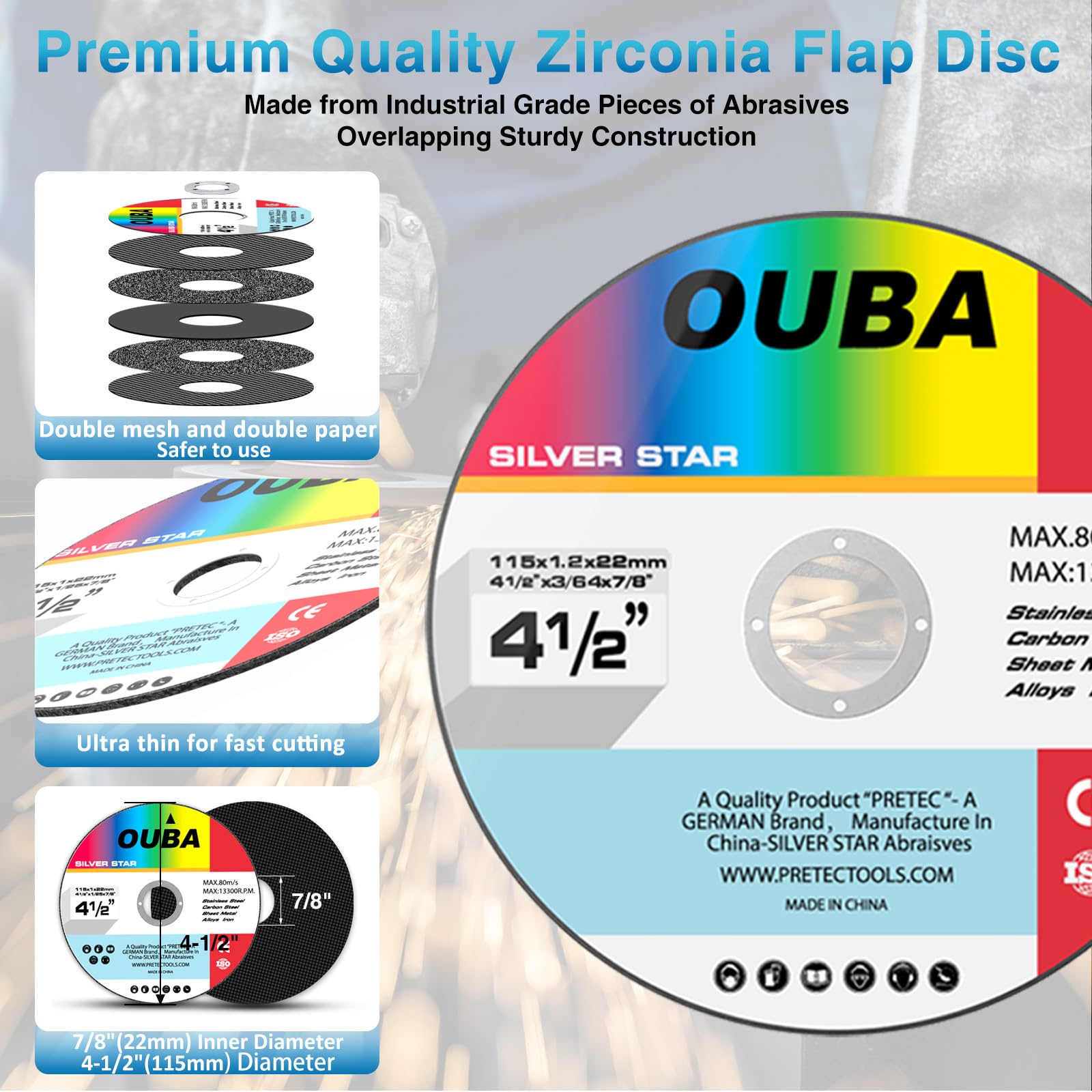 OUBA Cut Off Wheel & Grinding Wheel Flap Disc 43PCS 4 1/2 Inch Angle Grinder Discs Including Cutting wheels, Grinder Disc, Sanding Disc & Wrench 4.5inch x 7/8" Arbor Metal Stainless steel Cut Off Disc
