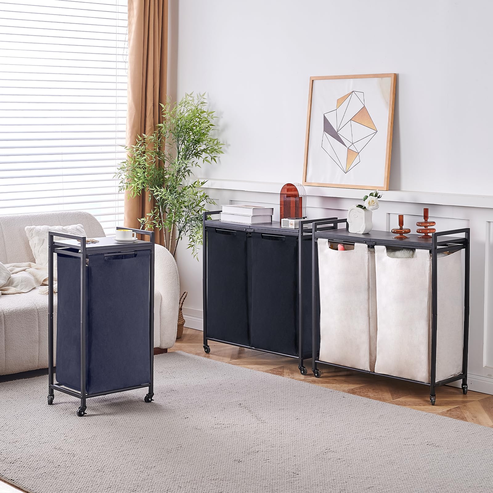 Mxfurhawa Laundry Hamper with Wheels,Rolling Laundry Basket with Shelf,Laundry Sorter Removable Laundry Bags, Large Laundry Basket with Wheels for Home, Laundry Room (Dark Gray-1)