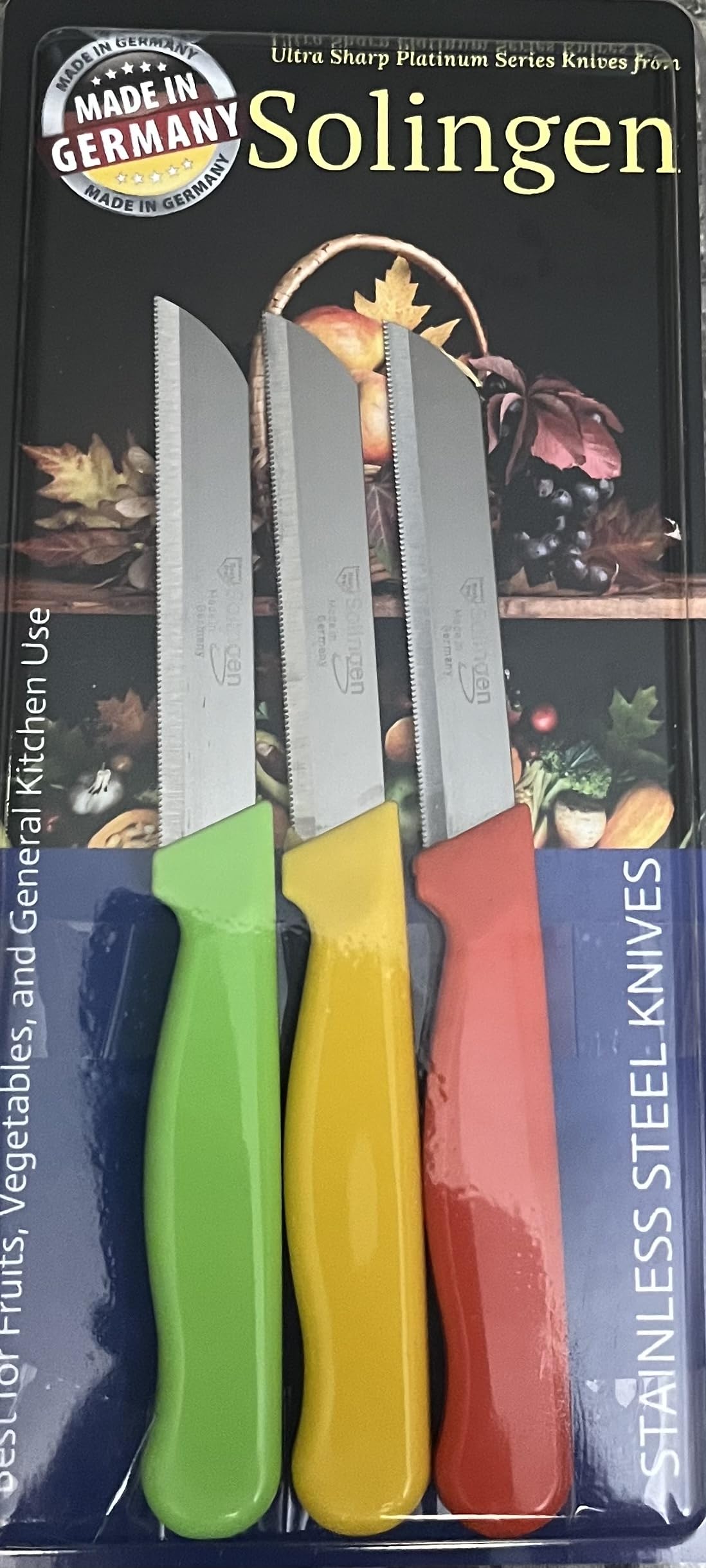 Kitchen Pride MADE IN SOLINGEN GERMANY STAINLESS STEEL KNIFE SET -PACK OF 3 (ORANGE, YELLOW, LIME) -3.35" ULTRA SHARP SERRATED BLADE -IDEAL FOR KITCHEN/GENERAL USE, BREADS AND PRECISION FOOD CUTTING